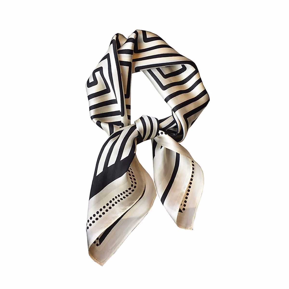 JERLA 100% Pure Mulberry Silk Square Scarf for Hair-26''x26'' Women Men Natural Silk Neckerchief Headscarf (Cream white and black geometry stripe)