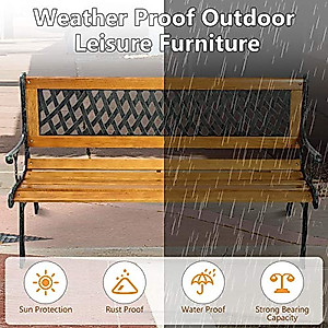 Giantex 50'' Patio Bench, Outdoor Furniture Cast Iron Hardwood Frame Porch Loveseat, Weather Proof Porch Path Chair for 2 Person Outside Bench