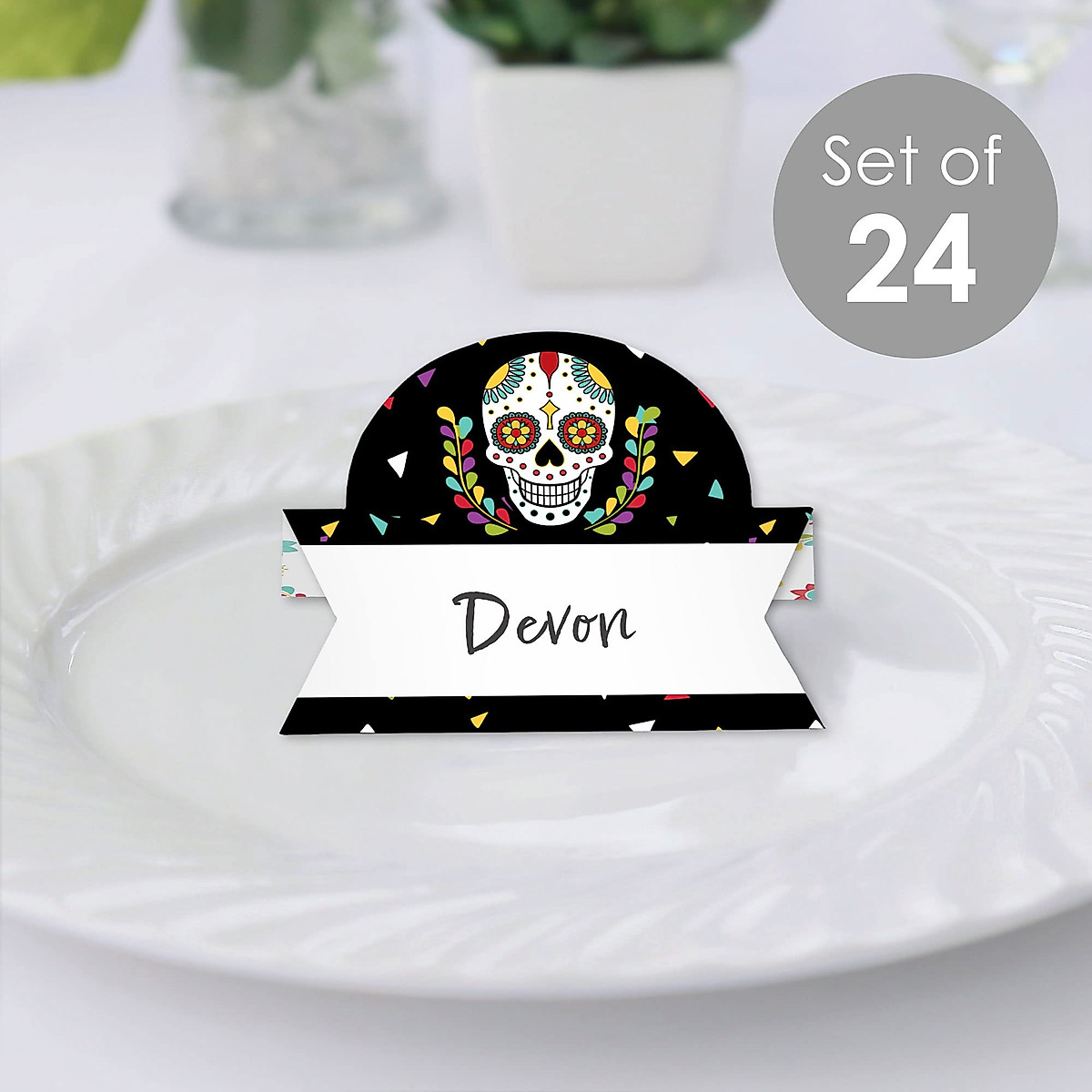 Big Dot of Happiness Day of the Dead - Halloween Sugar Skull Party Tent Buffet Card - Table Setting Name Place Cards - Set of 24