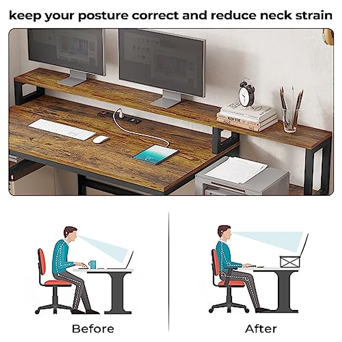 SEDETA Home Office Desk with File Drawer & Power Outlet, 66'' Computer Desk with Storage Shelves, Printer Cabinet and Monitor Shelf, Computer Table Writing Desk Workstation, Rustic Brown
