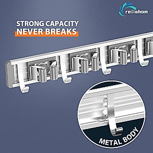 reliahom Broom Holder Mop Hanger Wall Mount Metal Organization Garage Storage System Garden Kitchen Tool Organizer (4 Racks with 5 Hooks, Silver)