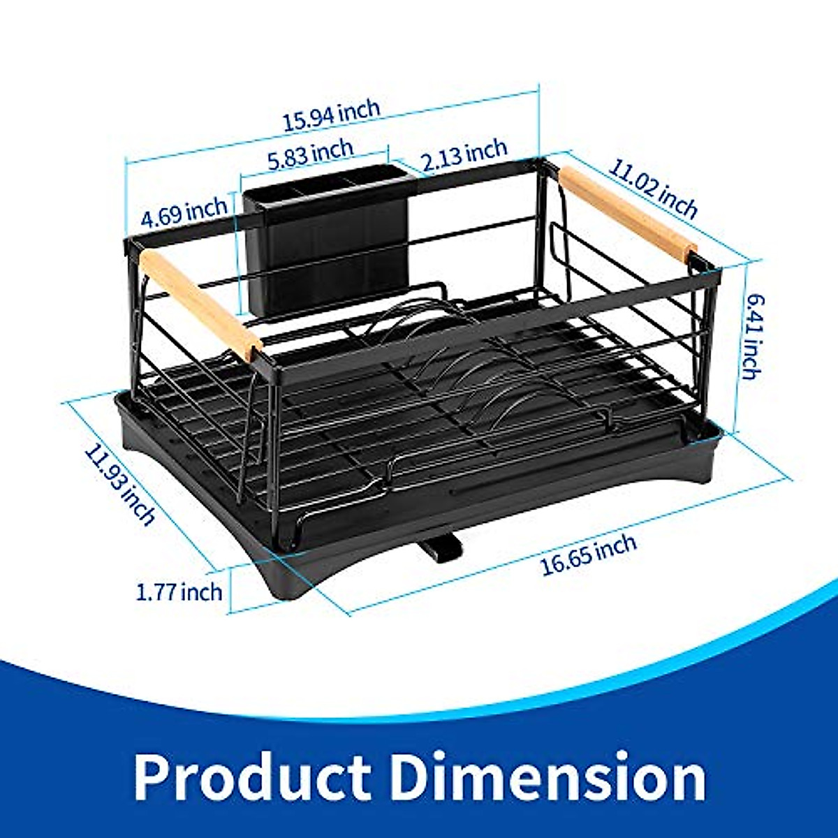 Flaovoth Dish Drying Rack, Dish Drainers for Kitchen Counter Dish Rack with Drying Drainboard and Utensil Holder, Rust-Proof Stainless Steel, Black, 16.65’’L x 11.93’’ W x 6.41’’H
