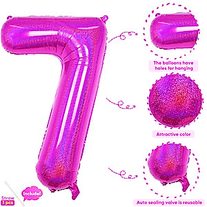 Hot Pink 7 Balloon, 40 Inch Large Laser Hot Pink Foil Helium Number Balloons 0-9 for Girls Women, Giant Self Inflating Mylar Hot Pink Number 7 Balloons for Baby Shower Princess Birthday Anniversary