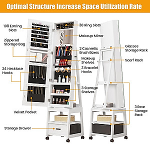 IDEALHOUSE 360° Swivel Jewelry Cabinet with Large Storage Capacity, Rotatable Full Length Mirror with Jewelry Storage, Lockable Floor Standing Jewelry Armoire Organizer with Drawer and Wheels, White