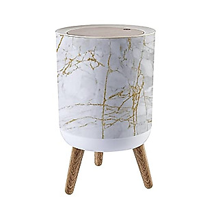 Small Trash Can with Lid White gold marble texture pattern background with high resolution Garbage Bin Round Waste Bin Press Cover Dog Proof Wastebasket for Kitchen Bathroom Living Room 1.8 Gallon