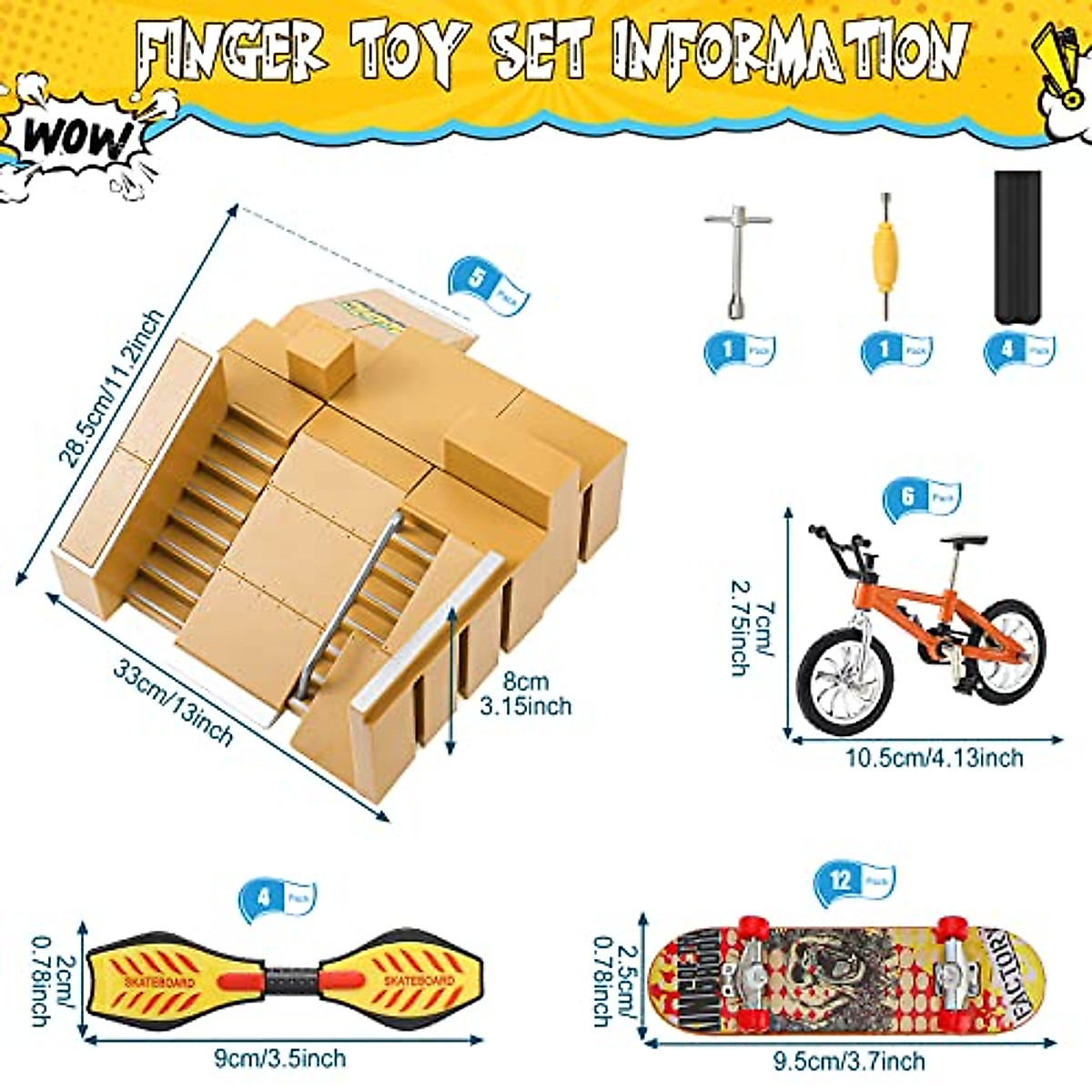 37 Pcs Skate Park Kit Finger Skateboard Ramp Fingerboard Skatepark Finger Boarding Skate Park Mini Finger Toys Set Including Finger Bike Skateboards Swing Board with Adjustment Tools for Training Prop