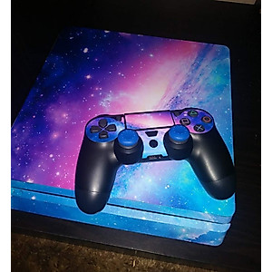 Ps4 Slim Stickers Full Body Vinyl Skin Decal Cover for PlayStation 4 Console Controllers (with 4pcs Led Lightbar Stickers) (Blue fire) (Pink Sky)