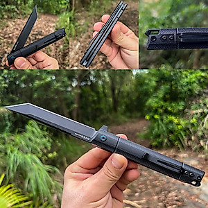 FORESAIL Flipper Pocket Folding Knife,DC53 Steel Blade and G10 Handle. With pocket clip and glass breaker,men's pocket knife hiking trip EDC tool Knife (Black PVD Blade)