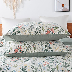 HoneiLife Duvet Cover Queen Size - 100% Cotton Comforter Floral Breathable Duvet Cover with Zipper Closure & Corner Ties,3pcs Wildflower Comforter Cover Sets- Fragrant Grass