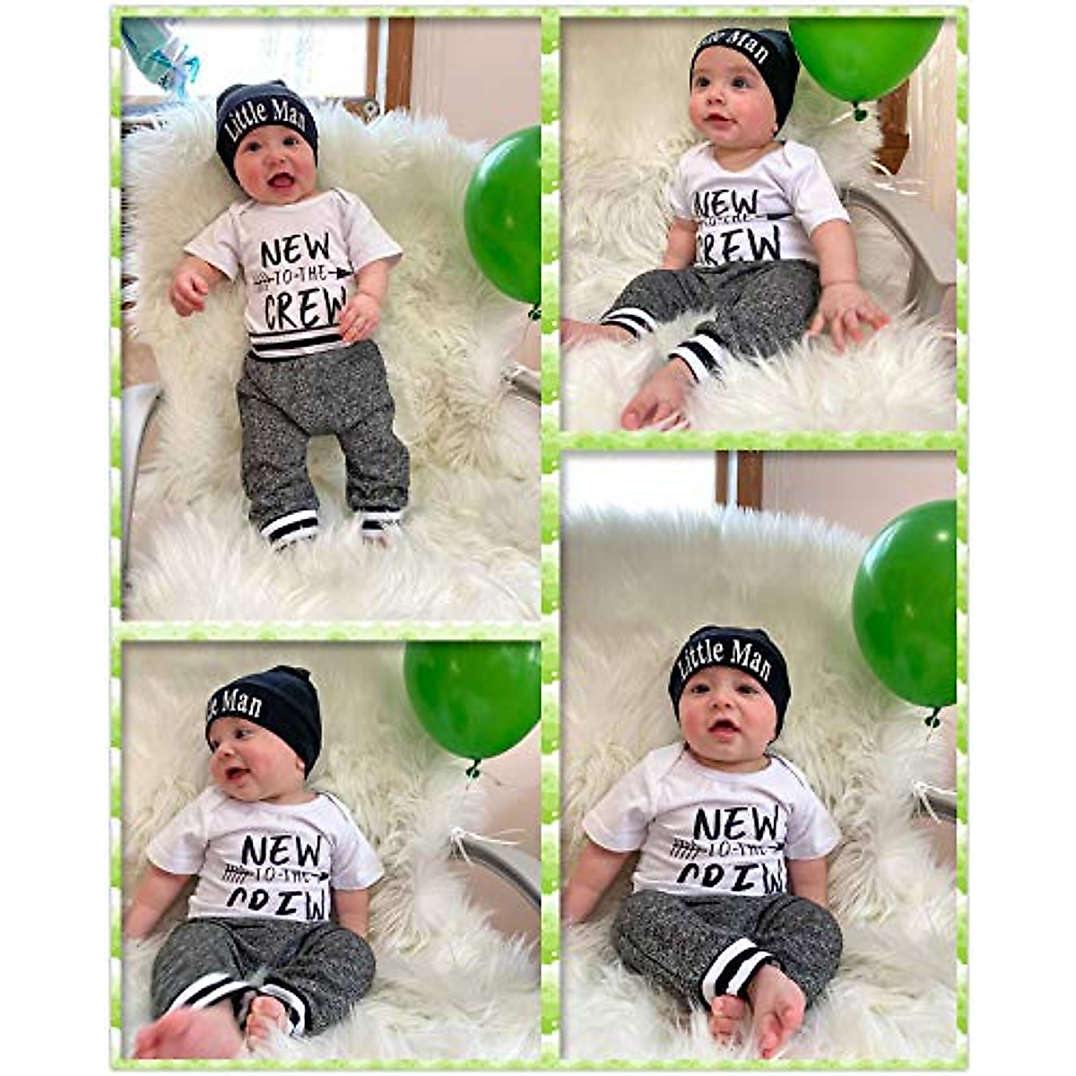 CETEPY Baby Boy Clothes Newborn Romper Infant Summer Outfits Short Sleeve + Long Pants + Hat 3Pcs Set New to The Crew Letter Printed White 0-3 Months 70cm