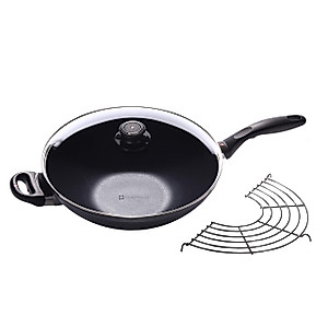 Swiss Diamond 12.5" 5.3Qt Wok HD Nonstick Diamond Coated Aluminum Wok, Includes Lid & Tempura Rack PFOA Free Dishwasher/Oven Safe Wok Grey…