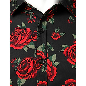 ZEROYAA Mens Fashion Urban Design Polyester Slim Fit Long Sleeve Rose Printed Button Up Dress Shirts ZLCL21-Black Small