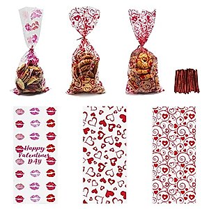 Hying 150 PCS Happy Valentine's Day Cellophane Bags with Twist Ties for Gifts, Love Heart Kiss Cello Treat Bages Valentines Treat Bags for Cookie Candy Goodies Wrapping Supplies