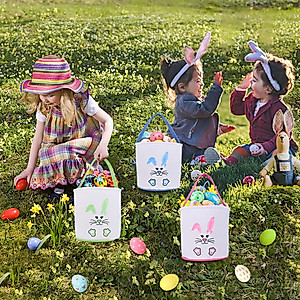 3Pcs Easter Basket for Kids Easter Bunny Canvas Candy Basket Bulk, DIY Personalized Easter Large Buckets Tote Bags Egg Hunt Gifts Basket Easter Party Favors Decorations with 2Pcs Double Line Pens