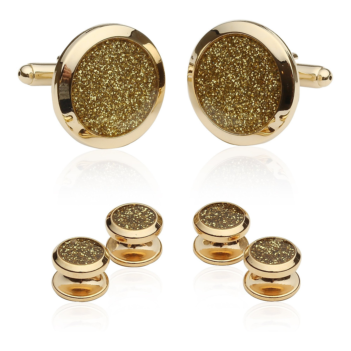 Cuff-Daddy Men's Gold Diamond Dust Tuxedo Cuff links and Studs Formal Set with Presentation Jewelry Box for Business Wedding Groomsmen Cufflinks & Shirt Accessories Special Occasions Wedding Party