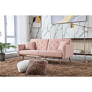 Woanke Mid Century Modern Velvet Fabric Home Living Room Bedroom, Convertible Futon Bed, Accent Sofa Recliner, Golden Metal Legs, 2 Couch Pillows, Pink