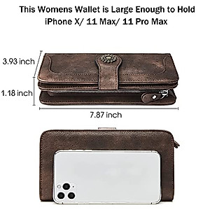BROMEN Leather Wallets for Women RFID Blocking Large Capacity Credit Card Holder Clutch Purse Wristlet Coffee