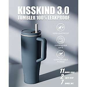 KISSKIND 40 oz Tumbler with Handle and Straw, 100% Leakproof Stainless Steel Vacuum Insulated Cup Travel Coffee Mug Water Bottle, Cup Holder Friendly, Rubber Base, Gifts for Women Men (Prussian Blue)