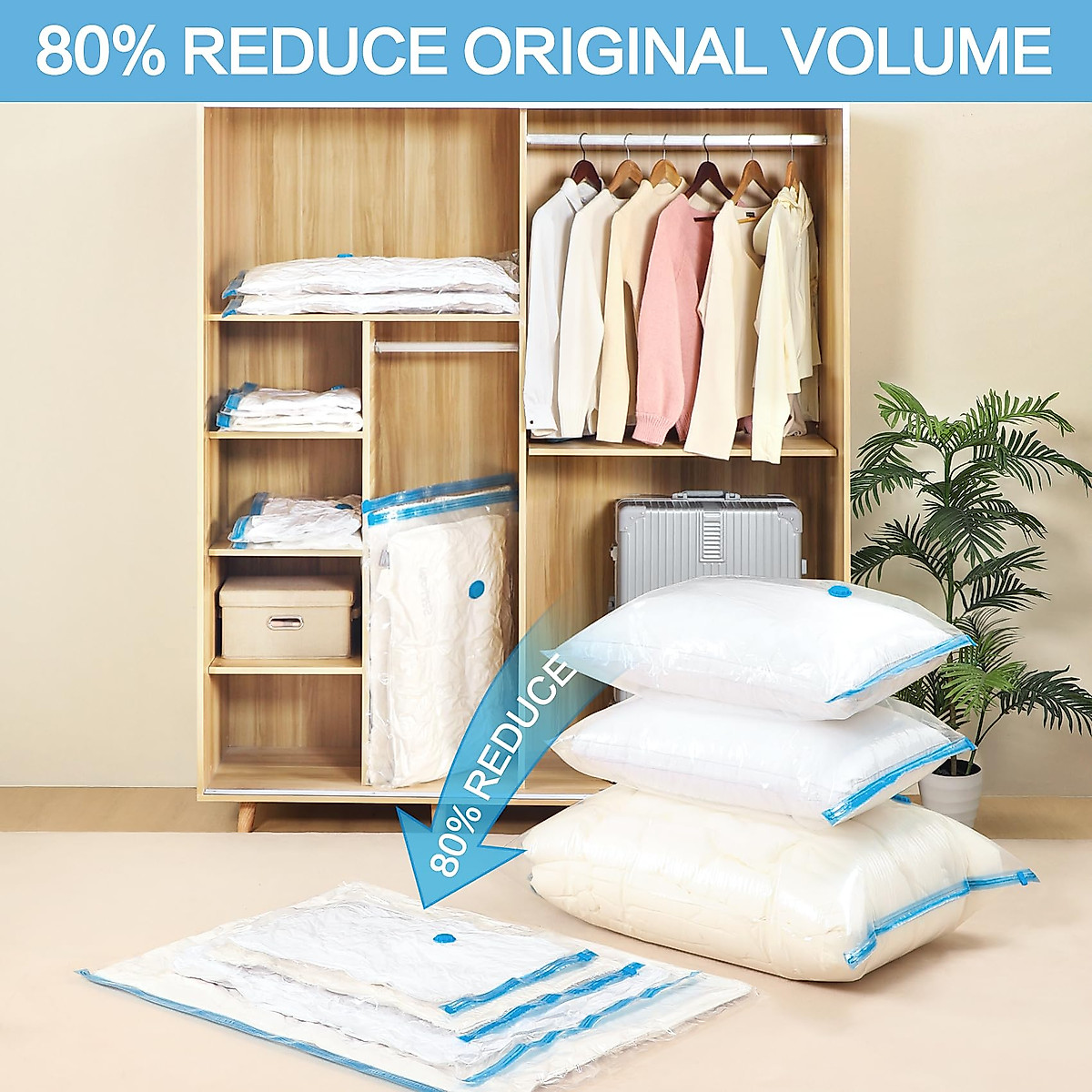 8 Pack Large Vacuum Storage Bags, Space Saver Vacuum Bags, Large Vacuum Seal Bags For Clothing, Clothes, Pillows, Comforters, Blankets, Bedding with Hand Pump