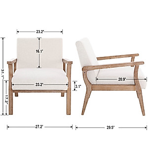 Wahson Set of 2 Mid Century Armchair with Wood Frames, White Linen Upholstered Farmhouse Living Room Chair, for Living Room Bedroom, Ivory