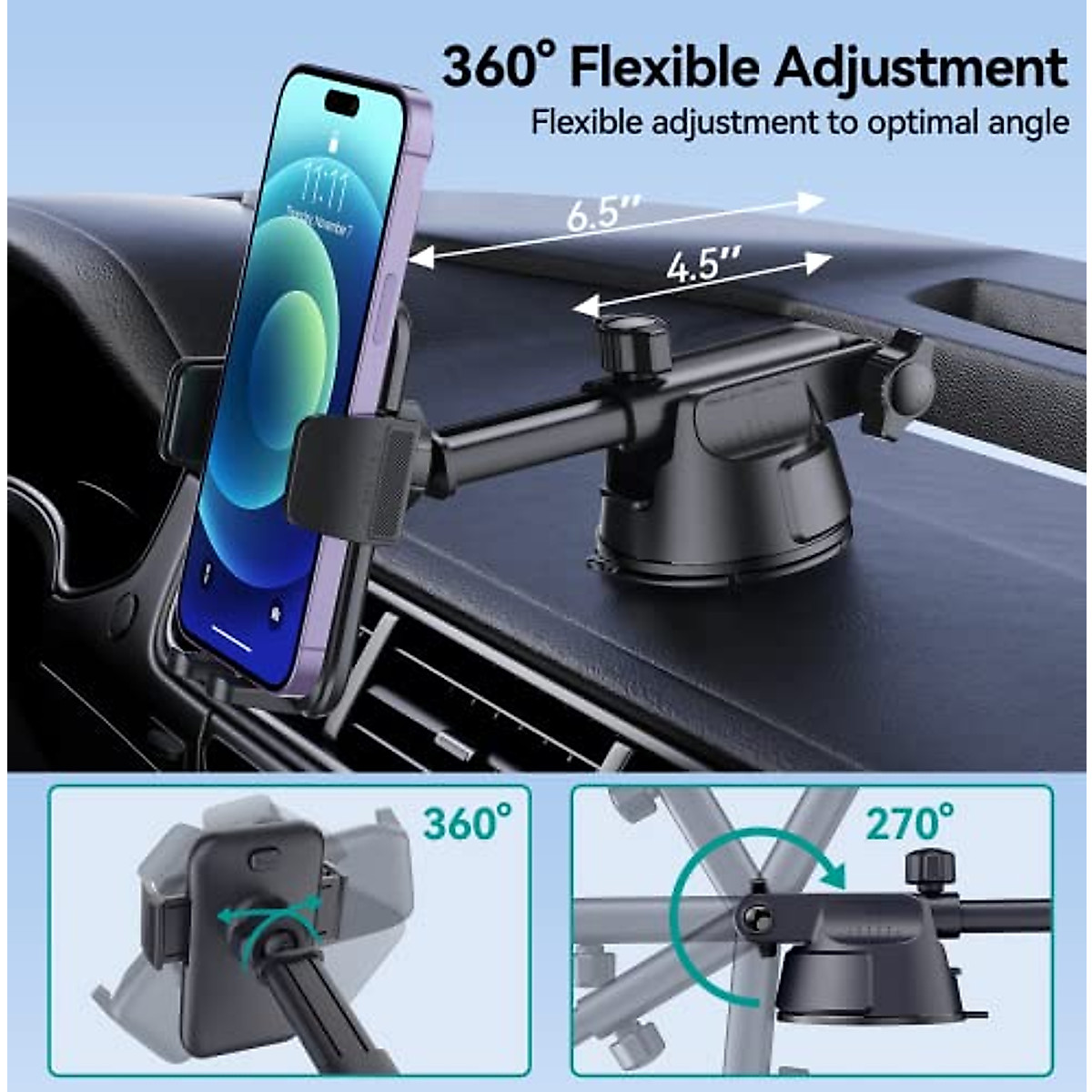 Car Phone Holder Mount, [Military-Grade Suction & Super Sturdy Base] 3 in 1 Universal Phone Mount For Car Dashboard Windshield Air Vent Hands Free Car Phone Mount for iPhone Android All Smartphone