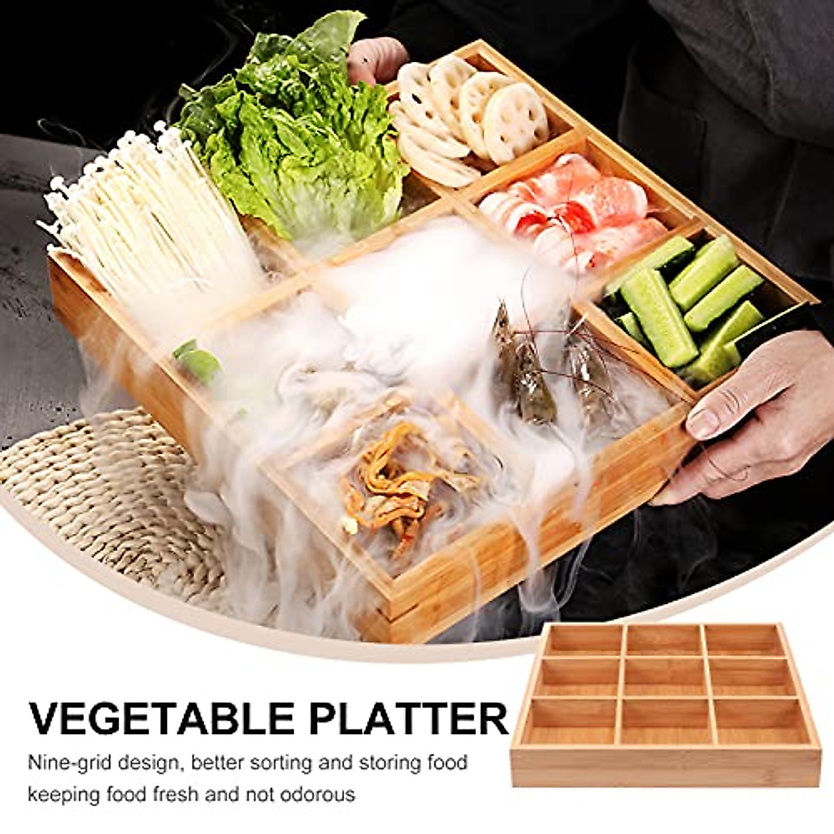 DOITOOL Serving Tray with 9 Compartments - Wooden Tray Divided Tray for Serving Food - 13in Square Tea Tray Food Tray for Hot Pot, Fast Food, Breakfast, Tea Coffee Table Christmas