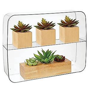 mDesign Plastic Wall Mount Display Organizer Holder, 2 Tier - Protect, Store and Show Off Small Collectibles, Figurines, Mugs, Succulent Plants - Create Additional Storage in Bathroom, Nursery - Clear
