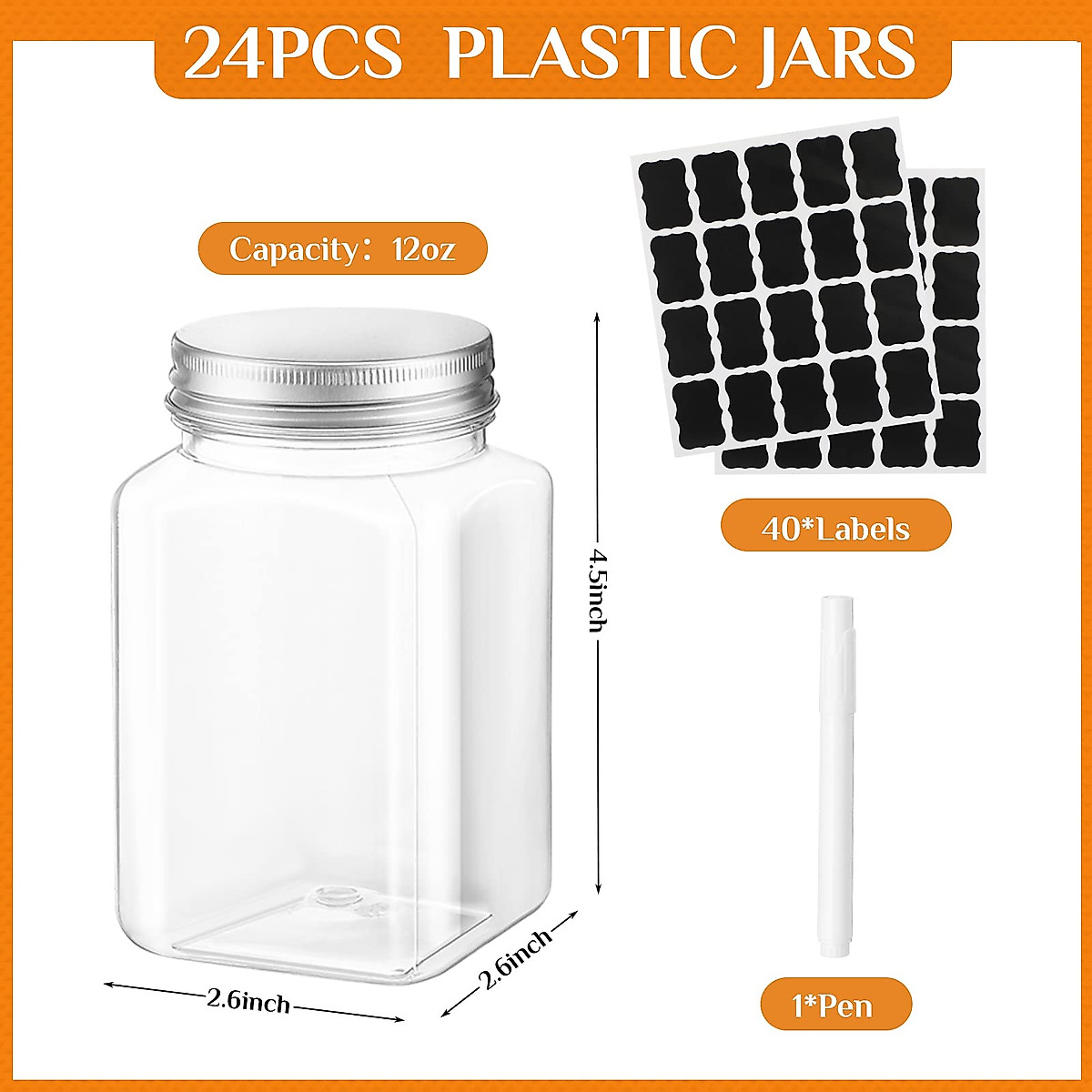 12 Oz Square Plastic Jar Storage Container with Lids Labels Pen, Wide Mouth Clear PET Seal Jar Empty Candy Jar Airtight Plastic Mason Jars Plastic Spice Containers for Kitchen Storage Craft (24 Pcs)