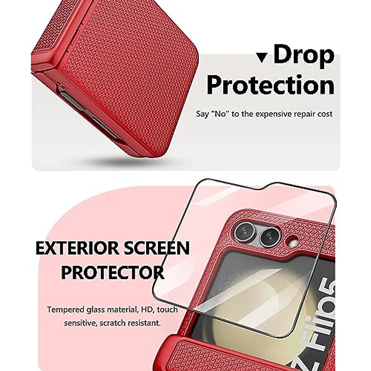 Vihibii for Samsung Galaxy Z Flip 5 Case with Hinge Protection & Back Screen Protector, Slim Fit Stylish Non-Slip Texture Shockproof Rugged Phone Cover Case for Samsung Galaxy Z Flip 5 5G 2023, Red