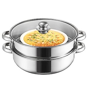 ZENFUN Steamer for Cooking, Steamer Pot with Steamer Insert, 2 Tier Stack and Steam Pot Set with Glass Lid, Stainless Steel Steamer Pot Double Handle, 11 Inch（Thickened）