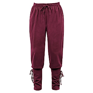 Men's Ankle Banded Cuff Renaissance Pants Medieval Viking Navigator Trousers Pirate Cosplay Costume with Drawstrings Wine Red-2XL