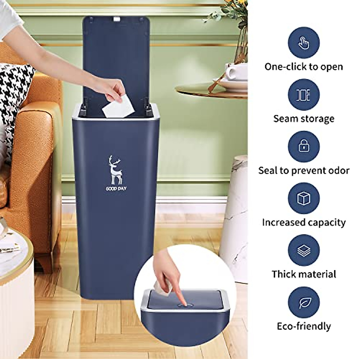 Trash Can, Plastic Garbage Can with Press Lid, 2 Pack Waste Basket for Bathroom, Kitchen, Bedroom, Garbage Bin with Push Button, Commercial Trash Bin for Office,2Gallon &3 Gallon (Navy Blue)