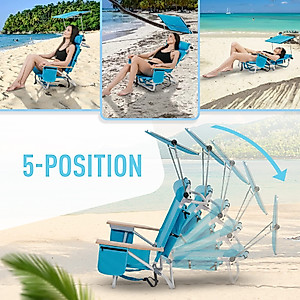 PiQuick aсtivating Rest Folding Backpack Beach Chair, Aluminum 5-Position Flat-Insulated, Camping Chair with Headrest and Collapsible Sun Shade, Towel Bar-Storage, Cooler Pouch (Blue)