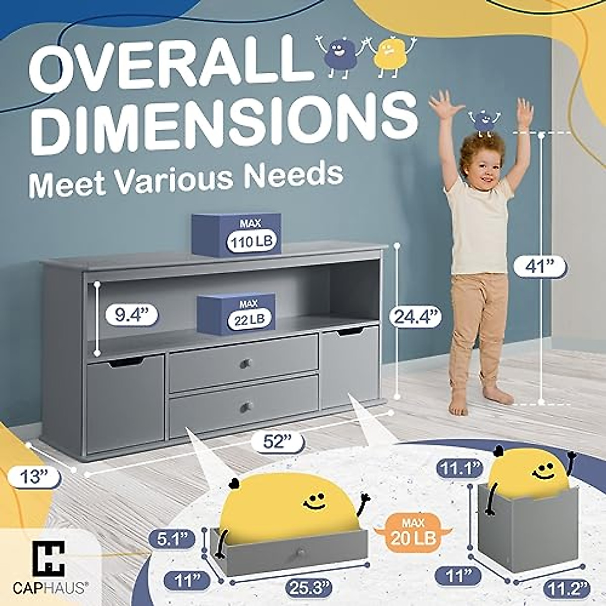 CAPHAUS Toy Storage Organizer with 4 Drawers, 52”W x 13”D x 24.4”H, Grey, Toy Organizer Bins, Toy Storage Organizer Bins with Shelf, Bookshelf for Reading, Storing, Playing, for Kids, Boys and Girls