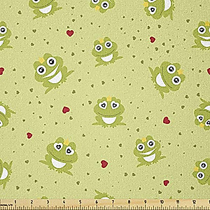 Lunarable Frogs Fabric by The Yard, Funny Animals with Little Hearts and Crowns Prince, Stretch Knit Fabric for Clothing Sewing and Arts Crafts, 1 Yard, Green Vermilion
