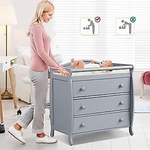 Costzon 3-Drawer Changing Table, Infant Diaper Changing Station with Drawers, Safety Rails & Strap, Baby Changing Table Dresser for Nursery, Easy Assembly (Gray)