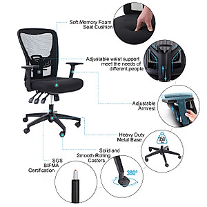 ALPHA HOME Office Chair Ergonomic Home Desk Chair Mid Back Mesh Computer Task Chair with Lumbar Support Executive Stool with Adjustable Armrest & Seat Cushion Rolling Swivel Desk Chair-Capacity 300LBS