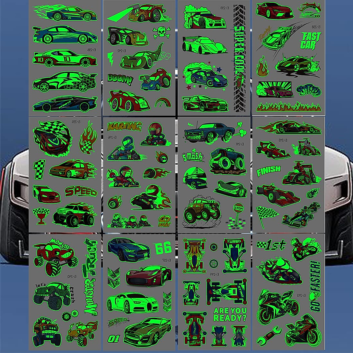 Ooopsiun Luminous Race Car Supplies Temporary Tattoos for Boys -12 Sheets Glow in The Dark RaceCar Tattoos Decorations Supplies Favors for Kids Boys Men