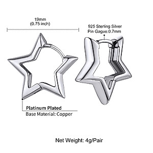 Star Hoop Earrings Small,19mm Platinum Plated Silver Thick Hoop Cartilage Endless Tiny Star Huggie Hugger Earrings Geometric Jewelry