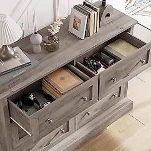 FACBOTALL Modern 6 Drawer Double Dresser, Wood Dresser Chest, Wide Chest of Drawers with Deep Drawers & Mental Double Handles for Hallway Living Room, Wash Gray