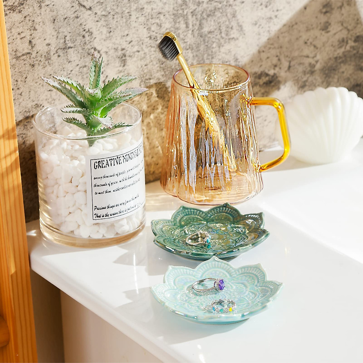 PUDDING CABIN Boho Ring Dish Small Jewelry Dish Ceramic Trinket Tray Crystal Holder 2 Set of Boho Decor, Wedding Bridal Shower Gifts for Bridesmaids Bride