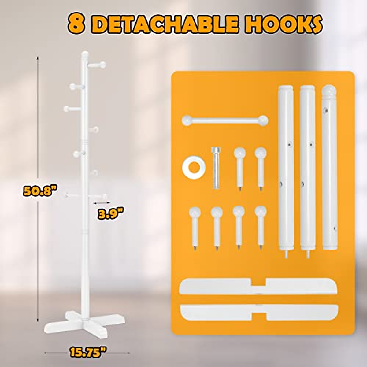 Azaeahom Cross Coat Rack Freestanding Clothing Hanger Home Racks, Wooden Coat Tree Stand with 8 Hooks 2 Adjustable Height, Easy Assembly in Entryway, Room for Hat, Umbrella etc (White)