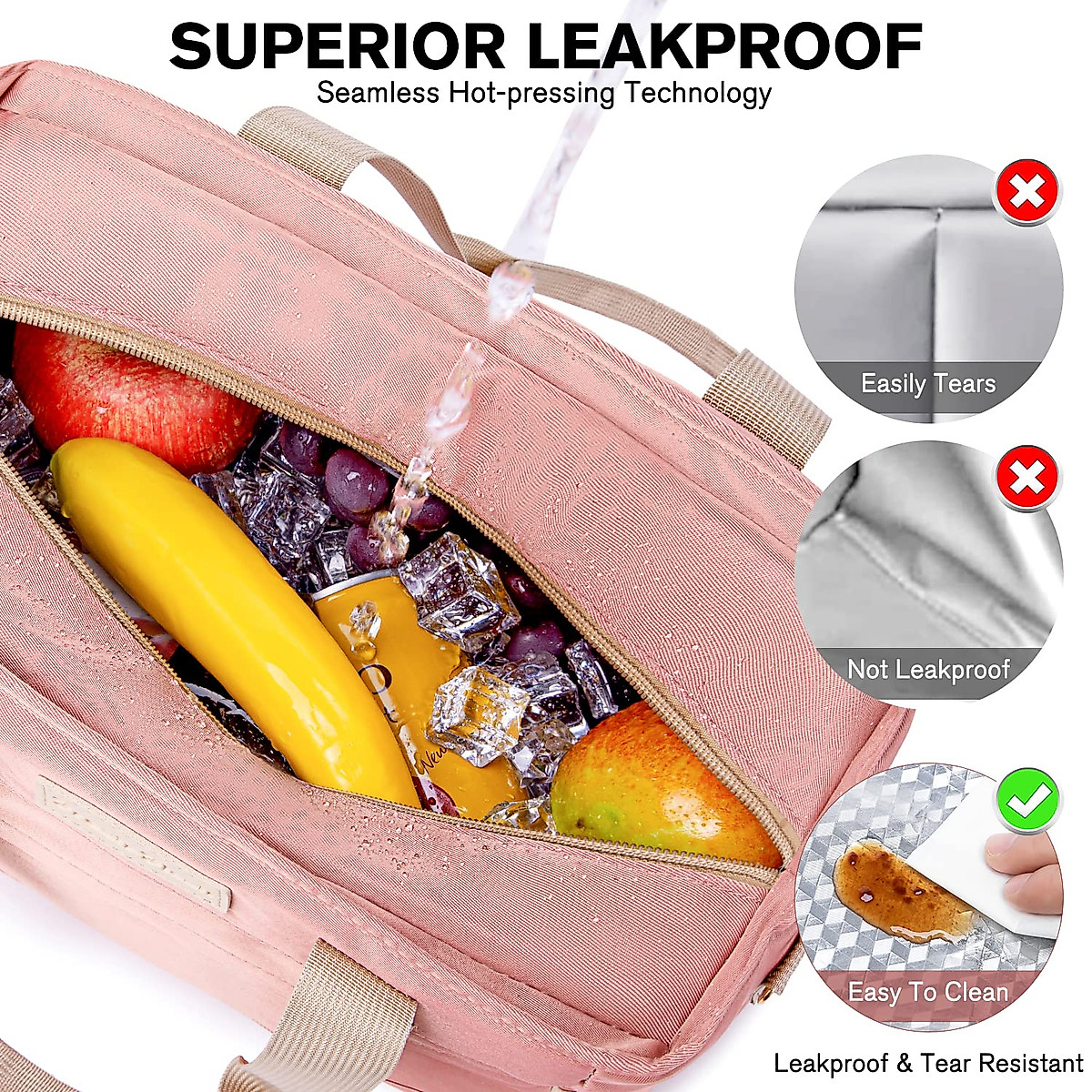 Fresh-flash Women's Large Insulated Lunch Bag, Pink, Reusable, Leakproof, Thermal, 13.8"L x 11.8"H x 6.5"W