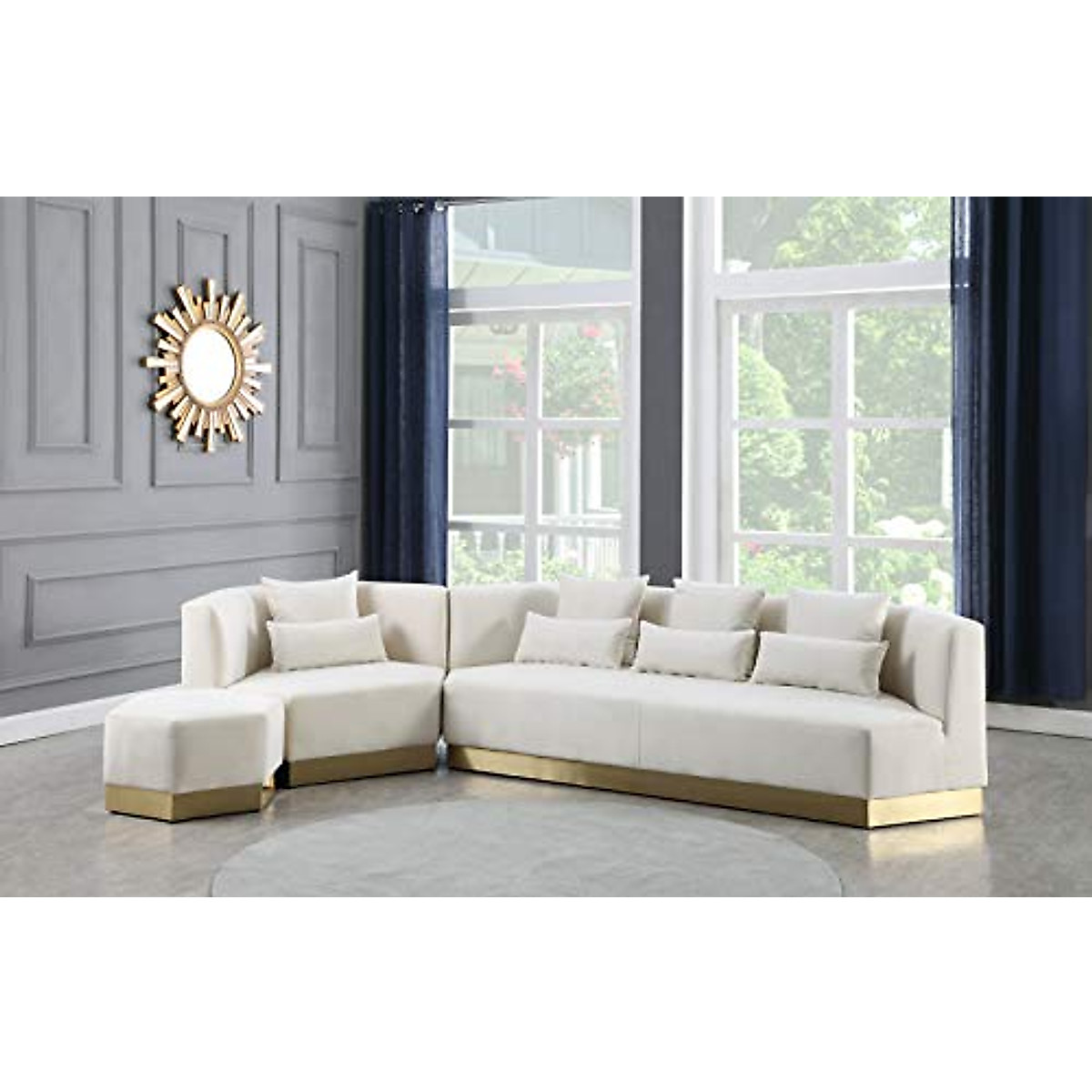 Meridian Furniture Marquis Collection Modern | Contemporary Velvet Upholstered Sofa with Stainless Steel Base in a Rich Gold Finish, 93" W x 38" D x 29" H, Cream