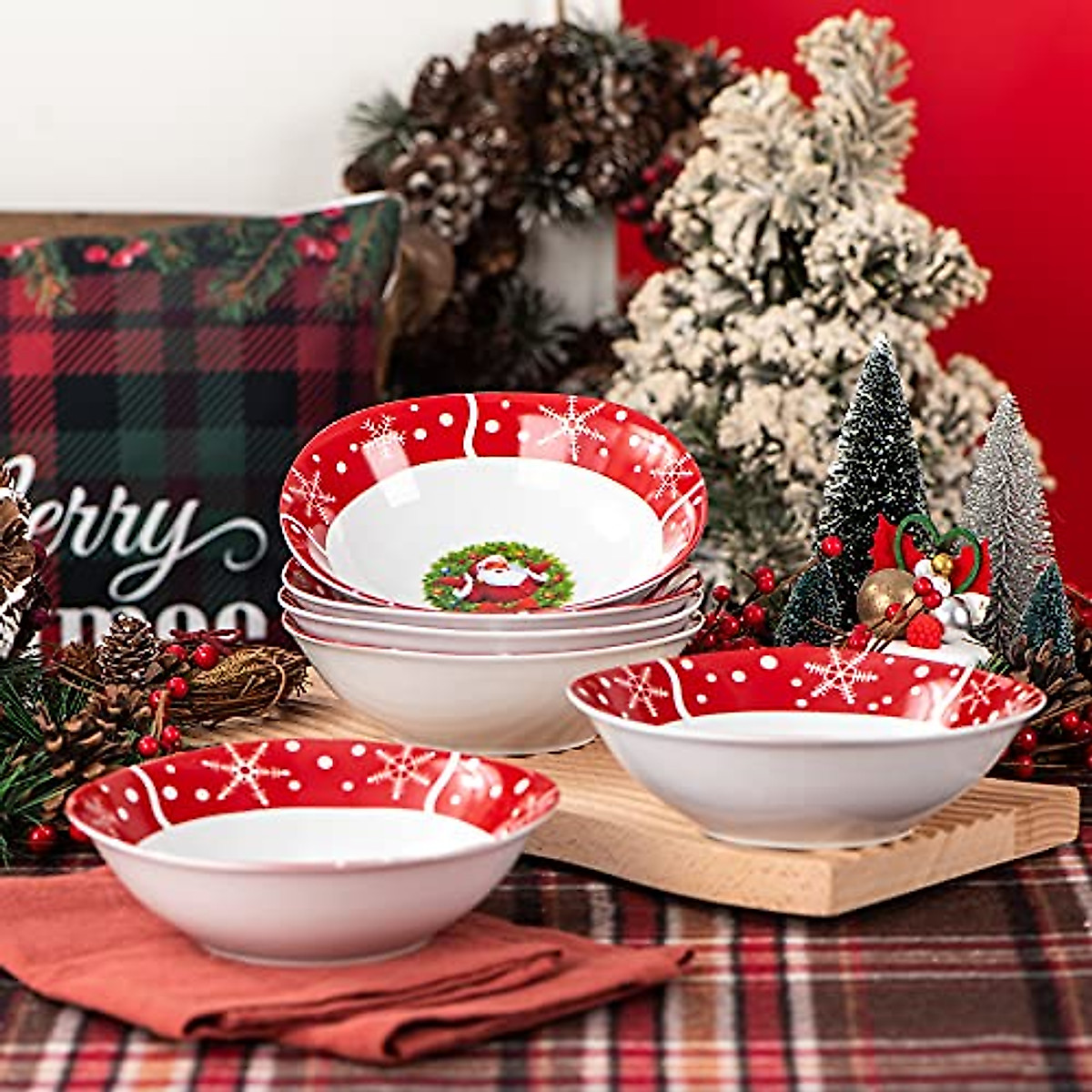 VEWEET Cereal Bowls Soup Bowl，Porcelain Bowls Set 15 OZ Breakfast Bowls, Christmas Bowls Serve for 6, Santa Claus Series