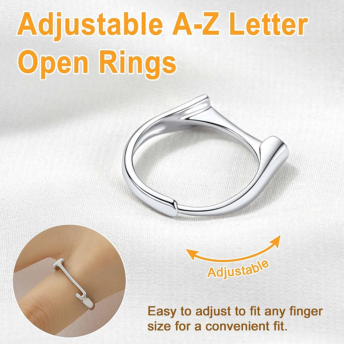 SILVERCUTE J Initial Ring Womens Cocktail Letter Ring S925 Stamped Adjustable Band Sterling Silver Sideways Initial Rings Stackable