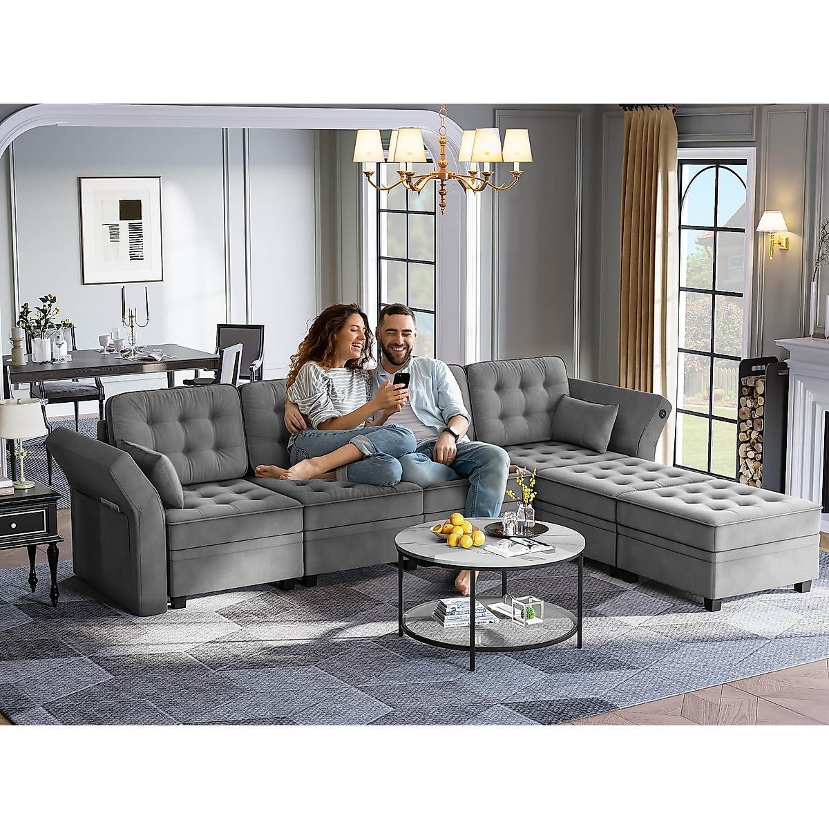 DWVO Modular Sectional Sofa, U Shaped Sectional Couch with Reversible Chaise Velvet 6-Seater Sectional Couch with 3-Position Adjustable Armrests and USB Port