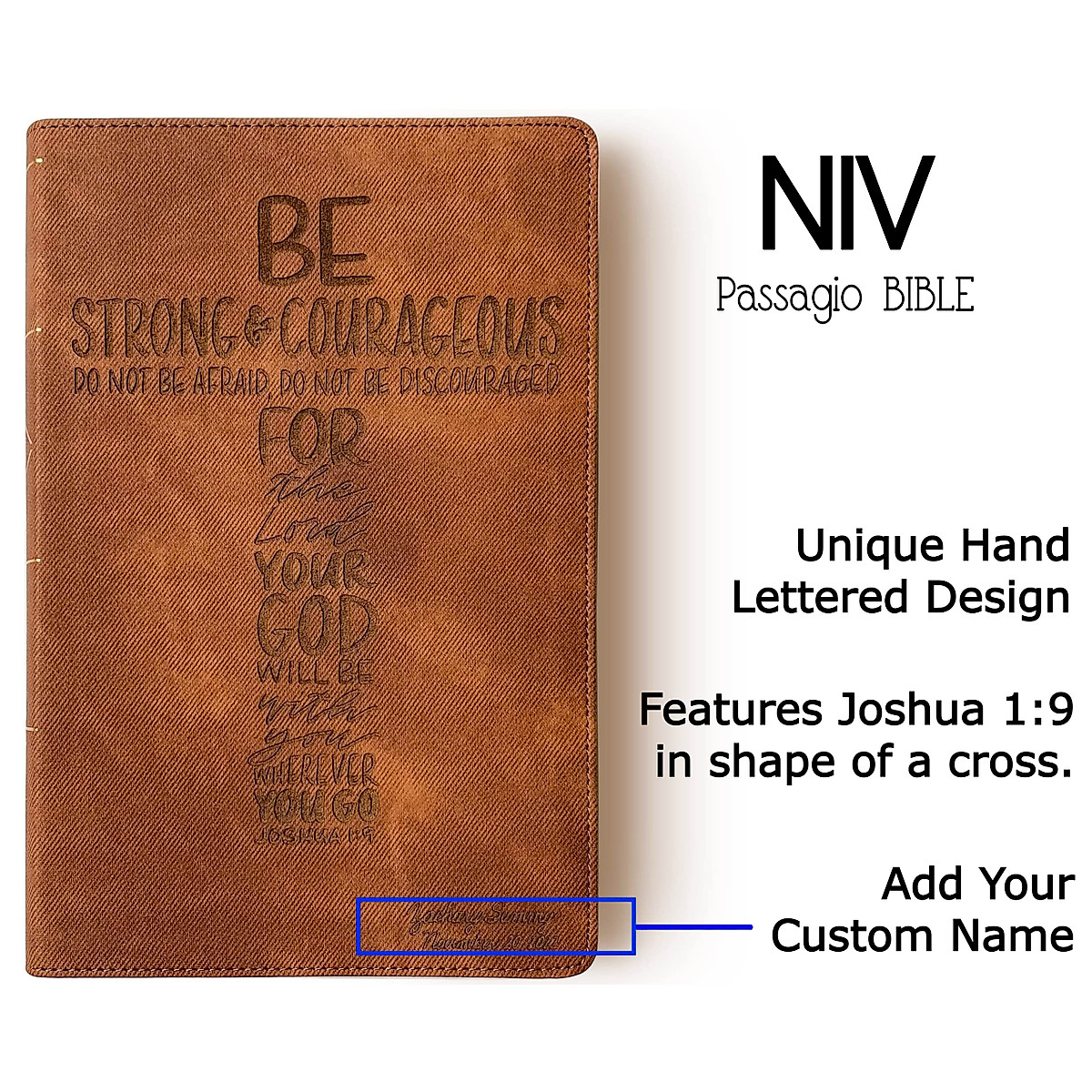 Hand Lettered and Laser Engraved NIV Passaggio Bible, Brown, Custom Name Engraving Available, Personalized Gift for Wedding, Baptism, Graduation or Birthday