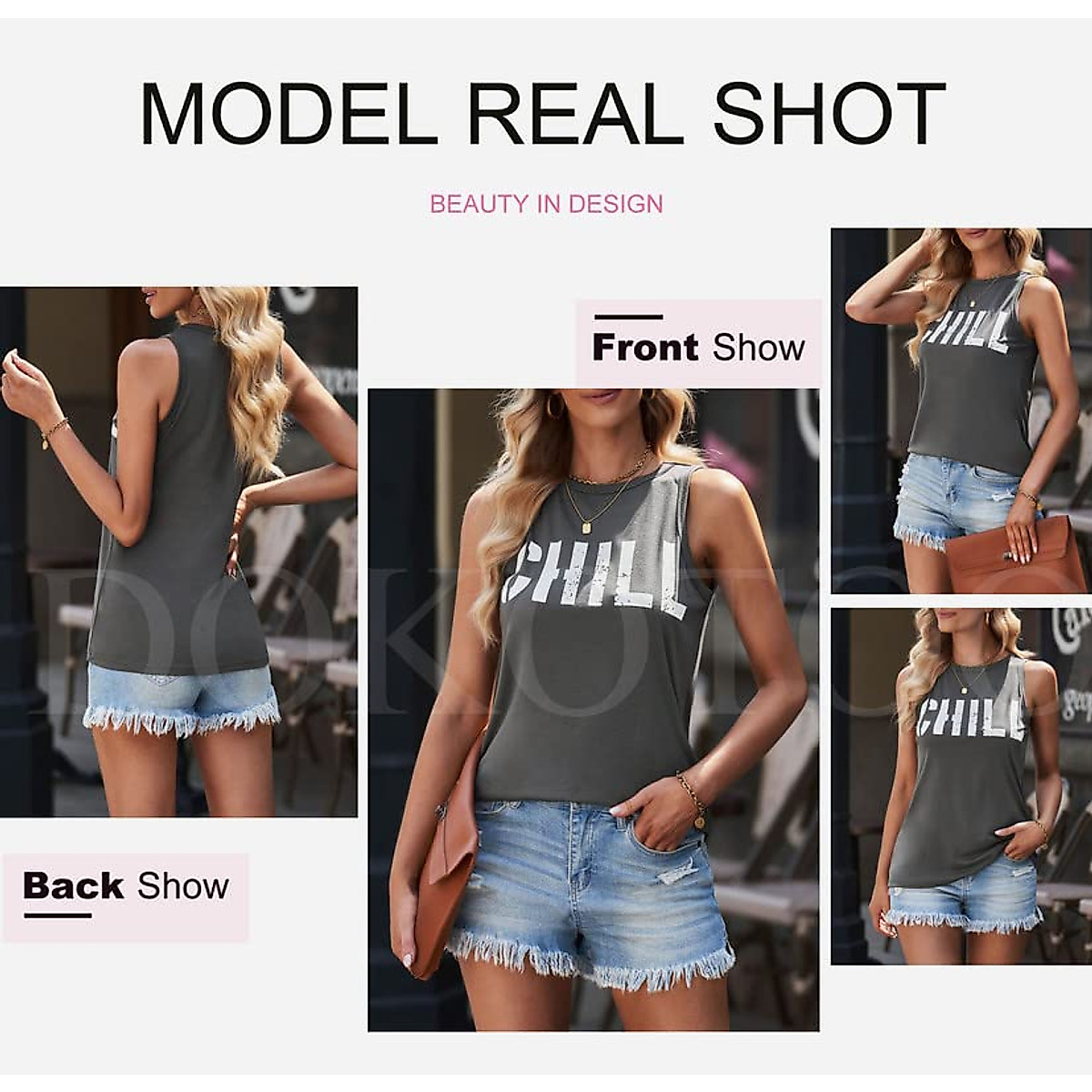 Dokotoo Womens Ladies Summer Casual Letters Print Graphic Tees Crewneck Cotton Soft Sleeveless Blouse Shirts Workout Long Cami Tank Tops for Women Loose Fit