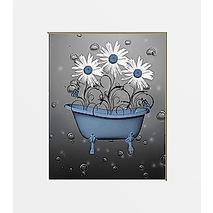 Bathroom Wall Decor, Blue Wall Pictures, Daisy Flower Bubbles Matted Wall Art Picture